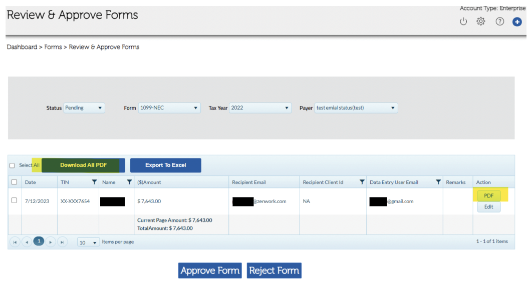 Can a reviewer review and download single and multiple forms via PDFs?