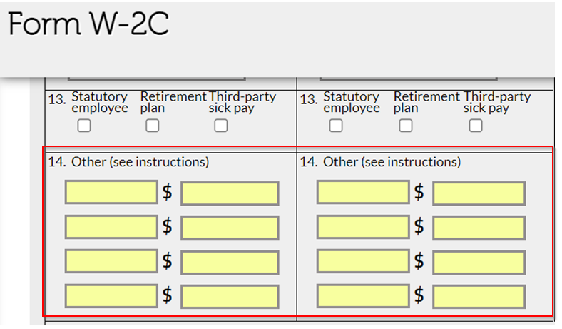 How do I enter the information to complete Box 14 on a W-2C?